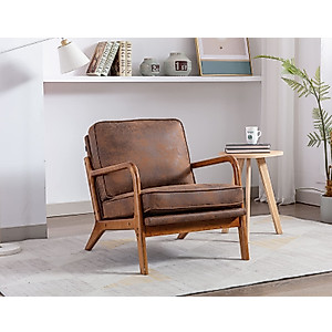 KINFFICT Upholstered Mid Century Accent Chair, Comfy Lounge Armchair with Thicken Cushion, Modern Wooden Arm Chair, Sturdy Reading Chair for Living Room, Bedroom, 300 LBS Weight Capacity, Coffee