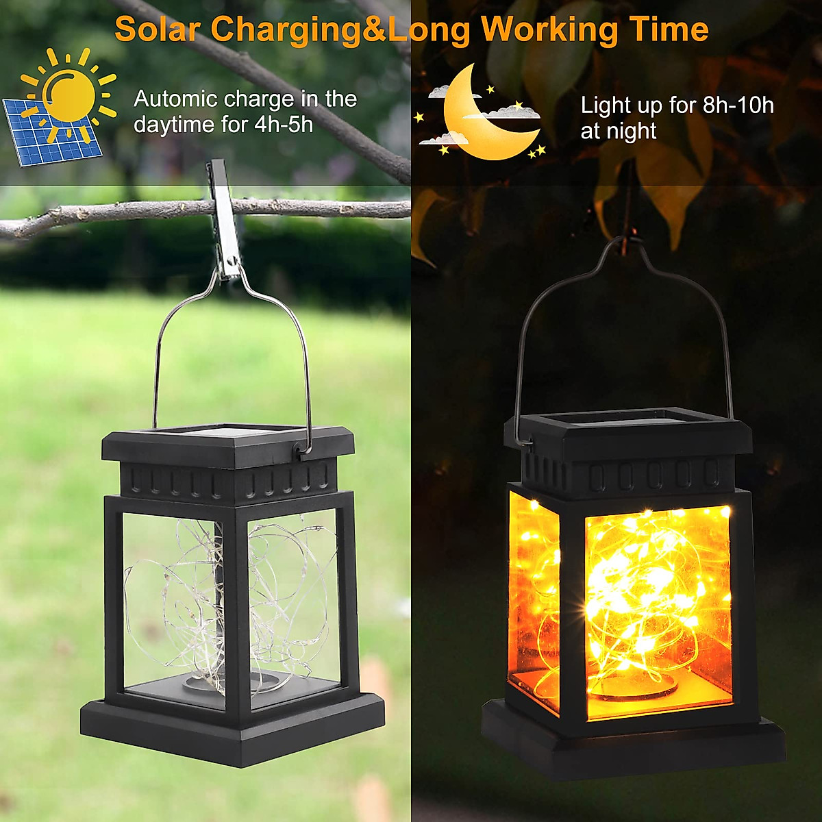 PAMKER 2 Pack Outdoor Solar Lights Christmas Solar Lanterns Outdoor Waterproof Hanging Lantern Decorative Outdoor Solar Lamp LED Solar Powered Lighting for Table Garden Patio Yard Party Black