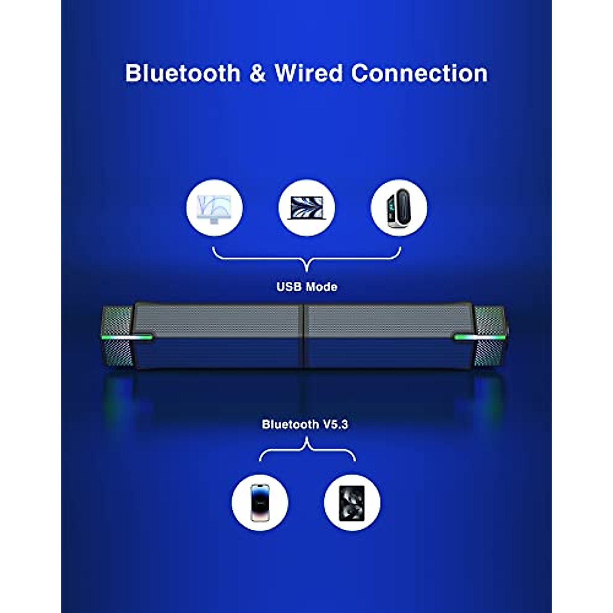 Jeecoo M20 Bluetooth Computer Speakers for PC Desktop Monitor, Gaming PC Sound Bar - Wired USB-Powered, Superb Stereo Sound, with LED Lighting - Combine/Separate to Customize Your Desk