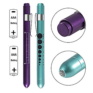 ALMOCN 2 Pack Pen Light,Nurse Medical Reusable LED Penlight White Light with Pupil Gauge and Ruler,Teal and Purple