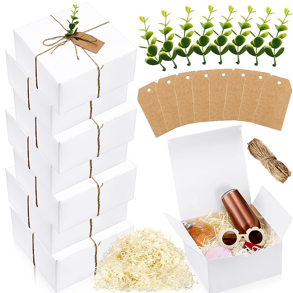 26 Pcs Gift Boxes Set 8 Paper Gift Box Kraft Boxes 8 x 8 x 4 Inch bridesmaid proposal boxes 8 Kraft Paper Gift Tags 8 Plastic Eucalyptus Leaves Stems 1 Cut Paper Shred Filler 1 Twine Rope (White)