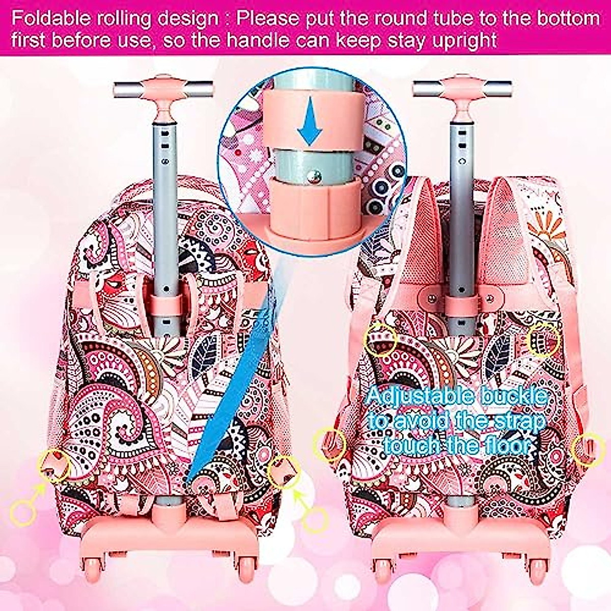 AGSDON Rolling Backpack for Girls, Women Roller Wheels Bookbag, Laptop Wheeled School Bag with Wheels for Teens - Pink 01