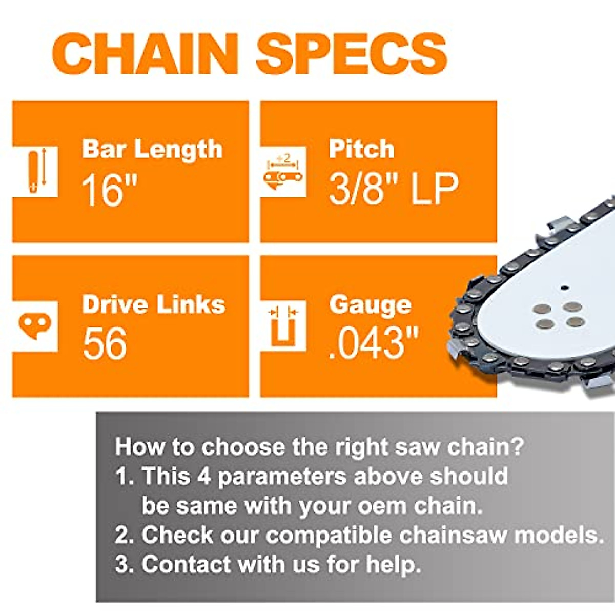 SUNGATOR 2-Pack 16 Inch Chainsaw Chain SG-R56, - 3/8" LP Pitch - .043" Gauge - 56 Drive Links, Compatible with Poulan, Greenworks, Dewalt and More