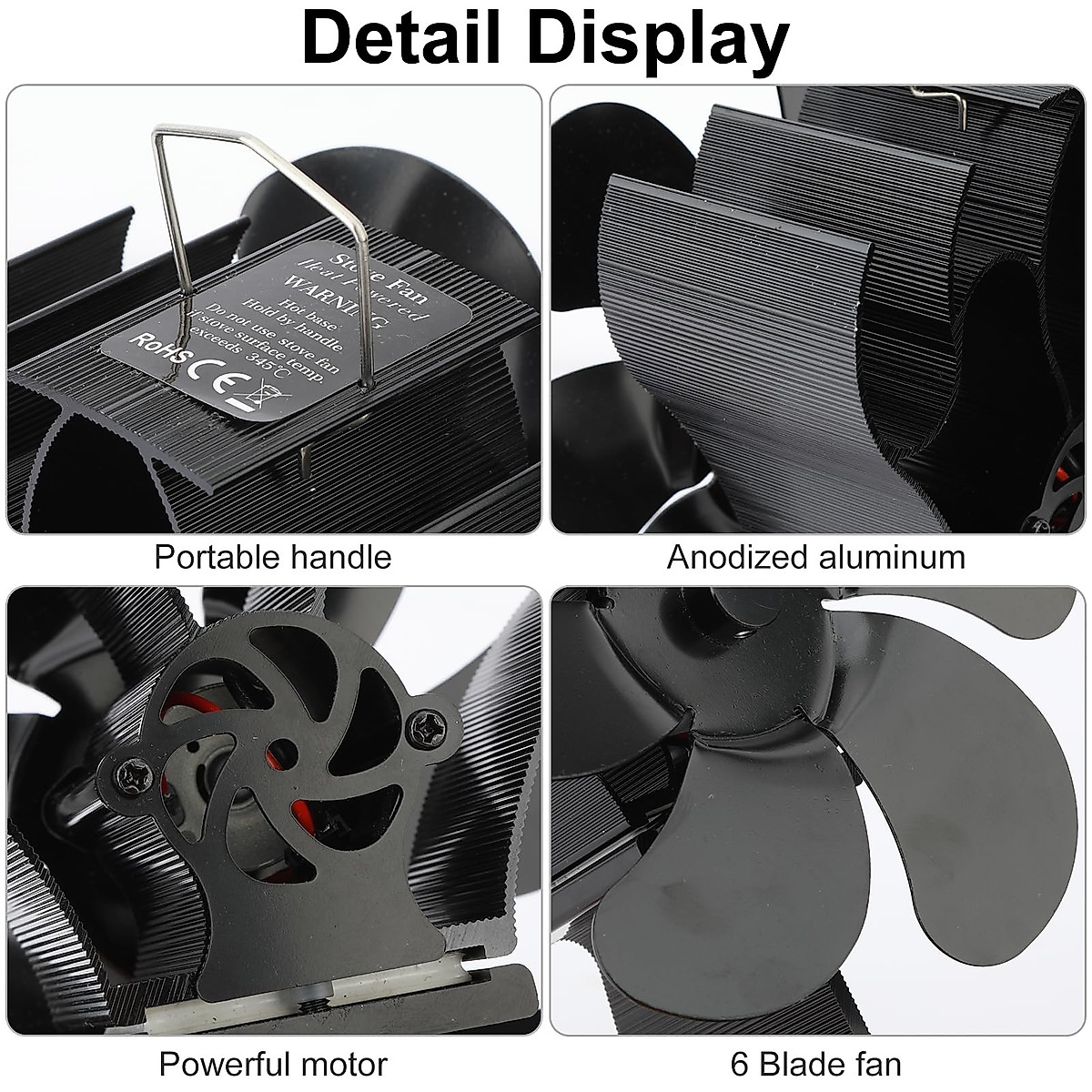 Hesitroad Wood Stove Fan,6 Blades Heat Powered Fireplace Fan Wood Burning Stove Fan, Non Electric Fan Wood Stove Accessories Eco Fans for Wood/Gas/Log Burner Stove Black