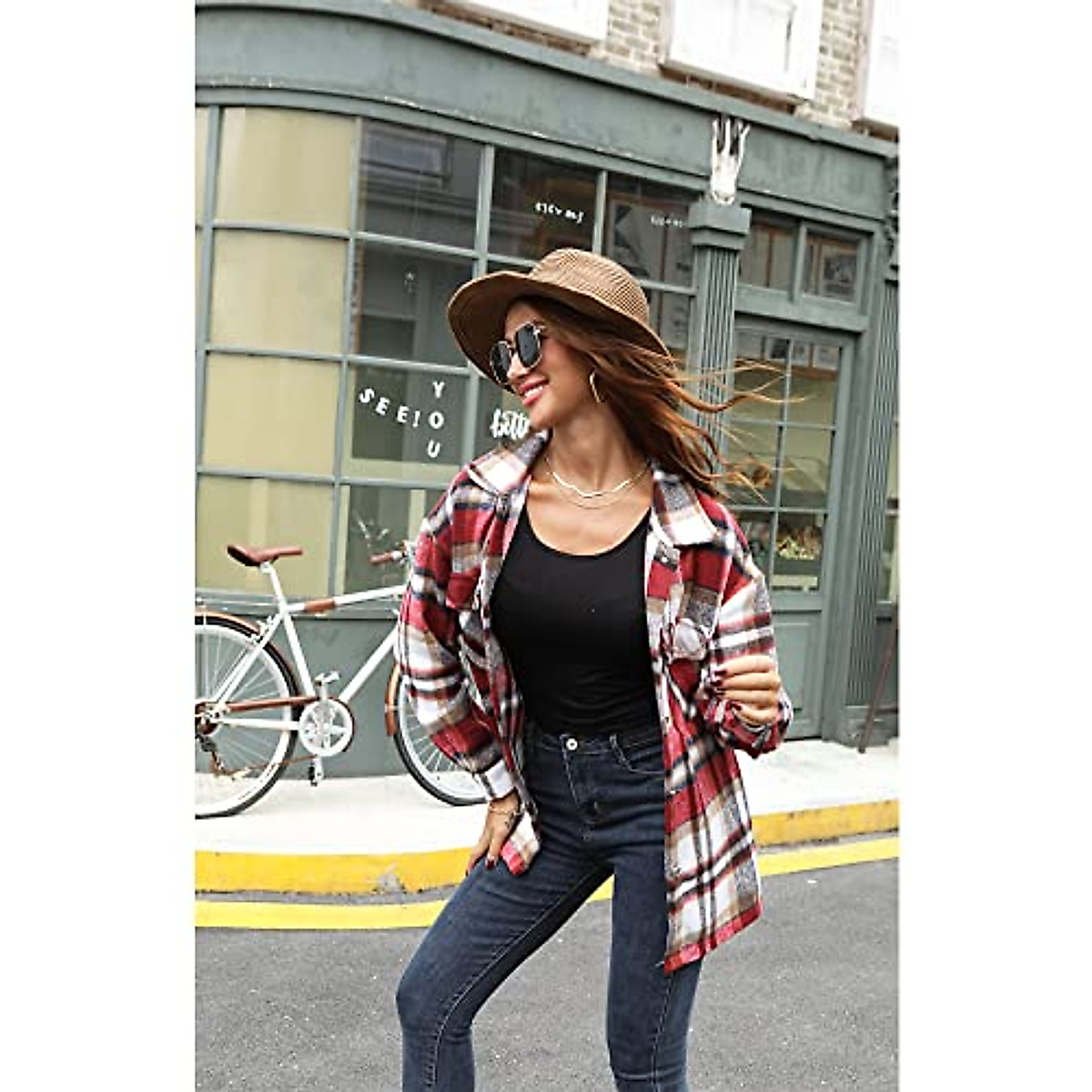 Women Classic Flannel Plaid Jacket Button Down Boyfriend Long Sleeve Lapel Shirts Casual Blouses Tops (Red, Small)