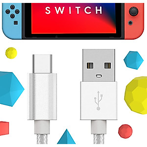 TALK WORKS Nintendo Switch Charger USB C Braided Nylon Cable Accessory - Extra Long 6' Flexible Charging Cord For Switch Lite / OLED (Silver)