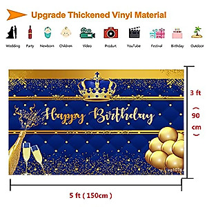 InMemory Royal Blue and Gold Birthday Backdrop for Men Golden Crown Champagne Balloons Happy Birthday Background Boys Womens Bday Party Event Decoration Banner Selfie Photo Booth Supplies Prop 5x3ft