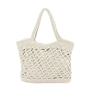 WIGUYUN Cotton Crochet Shoulder Bag Casual Tote Handbag Hollow Out Bohemian Top Handle Purse,White