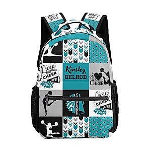 Urcustom Custom Kid Backpack, Teal I Love Cheer Cheerleader Personalized School Bookbag with Your Own Name, Customization Casual Bookbags for Student Girls Boys