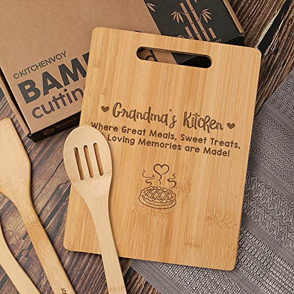 KITCHENVOY Grandma's Kitchen Bamboo Cutting Board - Birthday Gifts for Grandma from Grandchildren - Mothers Day Gifts for Grandmother, Best Grandma Cutting Board, Nanas Kitchen Board with Utensil