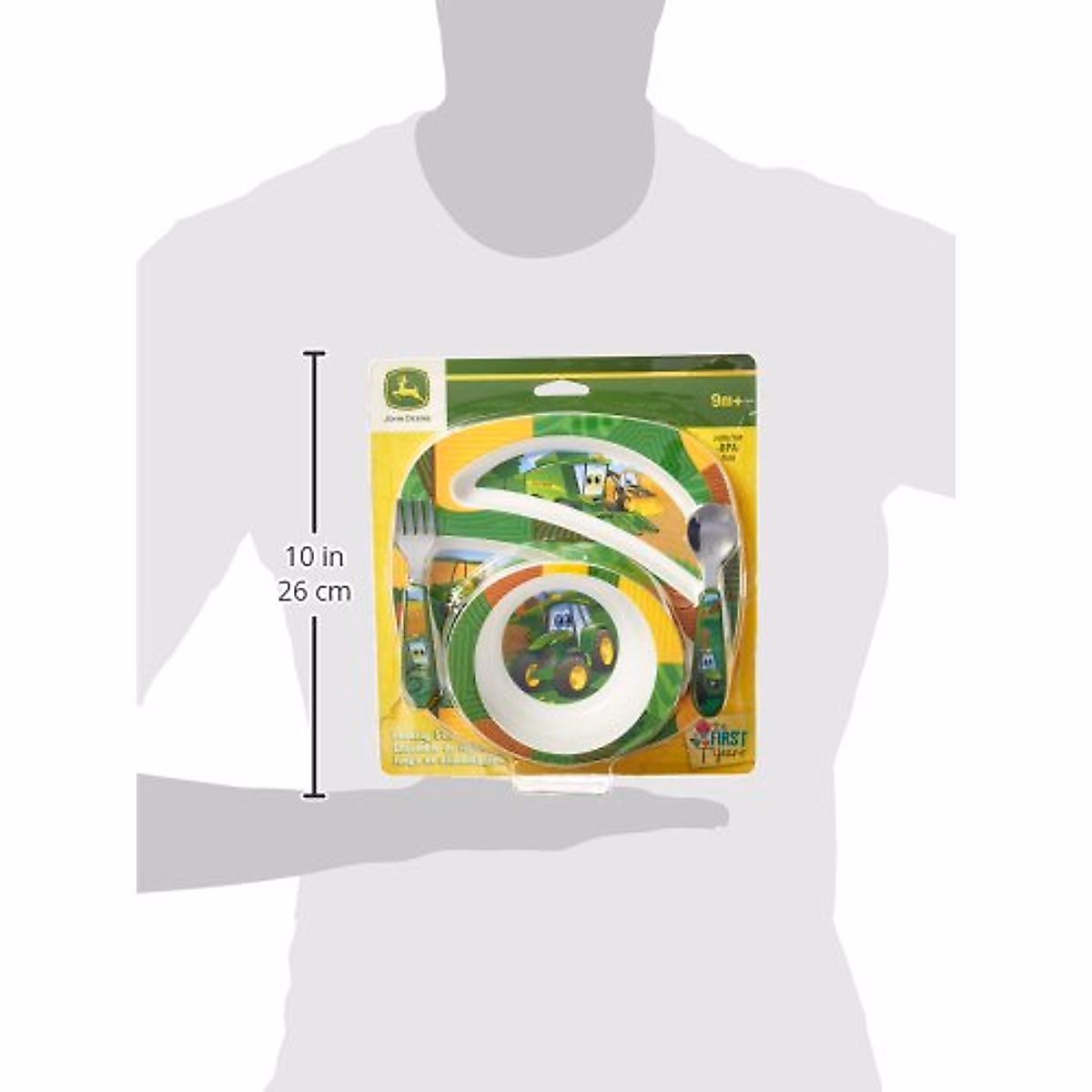 The First Years John Deere's Johnny Tractor and Friends Dinnerware Set - Toddler Plates and Bowls Set - Includes Toddler Plate, Toddler Bowl, Toddler Fork and Toddler Spoon - 4 Count
