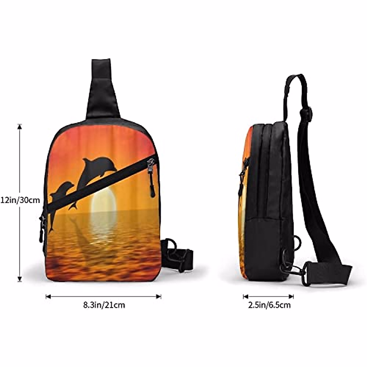 Chest Bag Dolphins Swimming in Sunset,Sling Bags Multipurpose Crossbody Shoulder Backpack Waterproof Travel Hiking