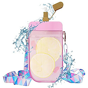 Popsicle Water Bottle with Strap, Creative Ice Cream Water Bottle, Cute Water Bottles with Straws, Transparent Water Jug Juice Drinking Cup Suitable for Camping Sports Shopping Kids School(Pink)