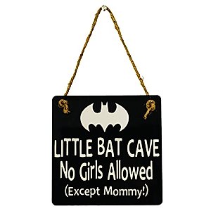 Little Bat Cave No Girls Allowed - Superhero Door Sign Hanger - Gift Present for Baby Shower Nursery
