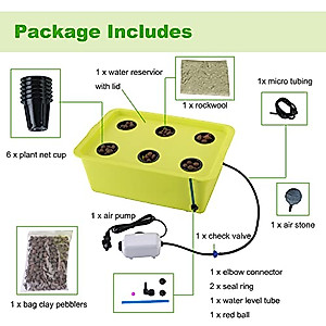 MYFULLY Hydroponic System Growing Kit | Plants Herb Garden Starter Set DIY Self Watering Indoor Hydroponics Tools with Large Bubble Stone Rockwool Bucket Air Pump (6 Sites)