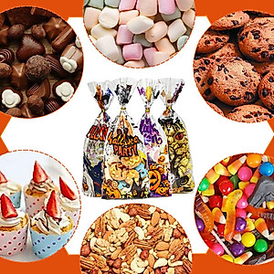 Halloween Treat Bags, Halloween Candy Bags, Halloween Cellophane Treat Bags, 60PCS Plastic Halloween Cookies Goodie Gift Bags with Ties for Halloween Trick or Treat Party Favors Supplies, 4 Style