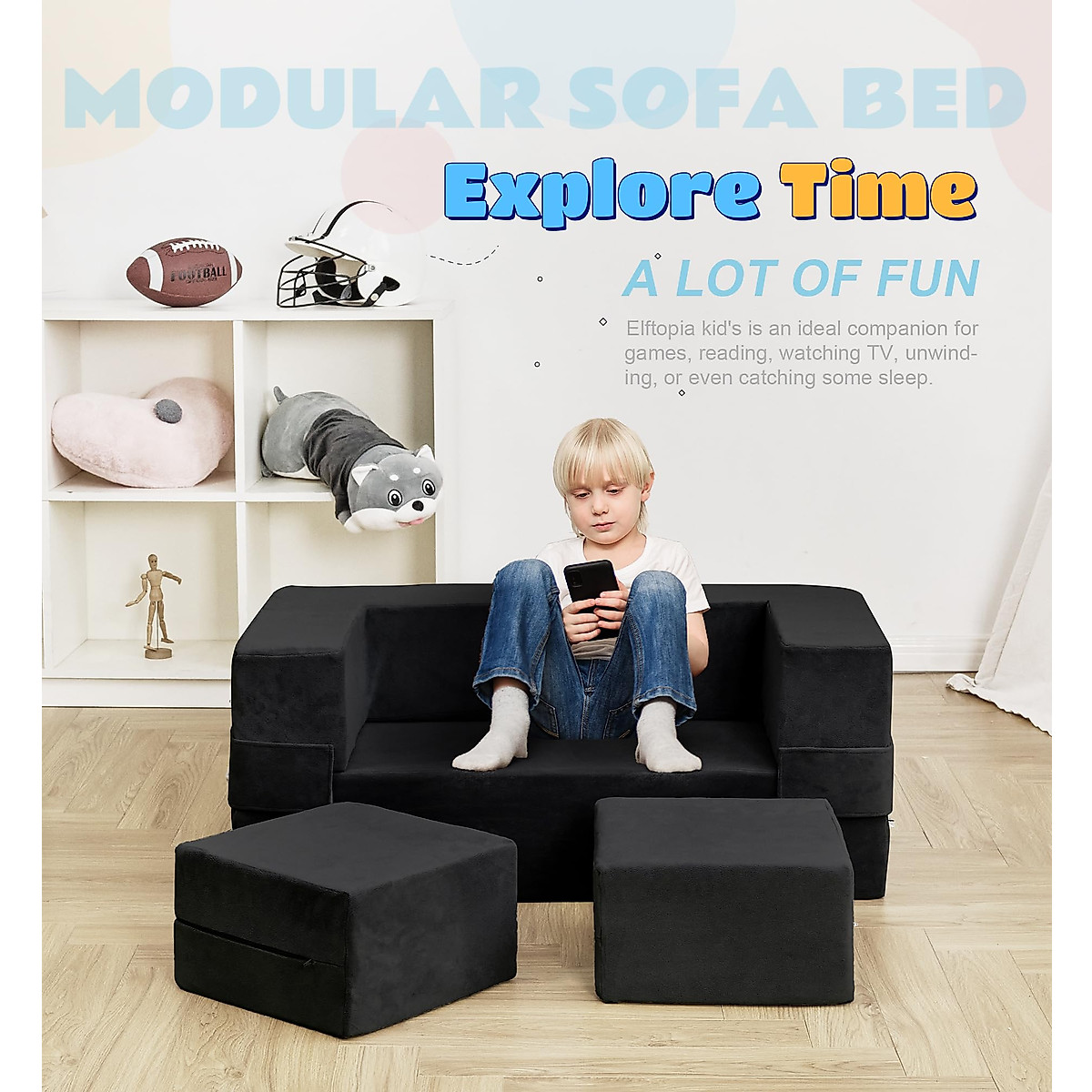 Elftopia Modular Kids Sofa,Toddler Couch Foam Armchair for Kids, Children Convertible Plush Sofa Play Set,Fold Out Sofa Bed(Black)