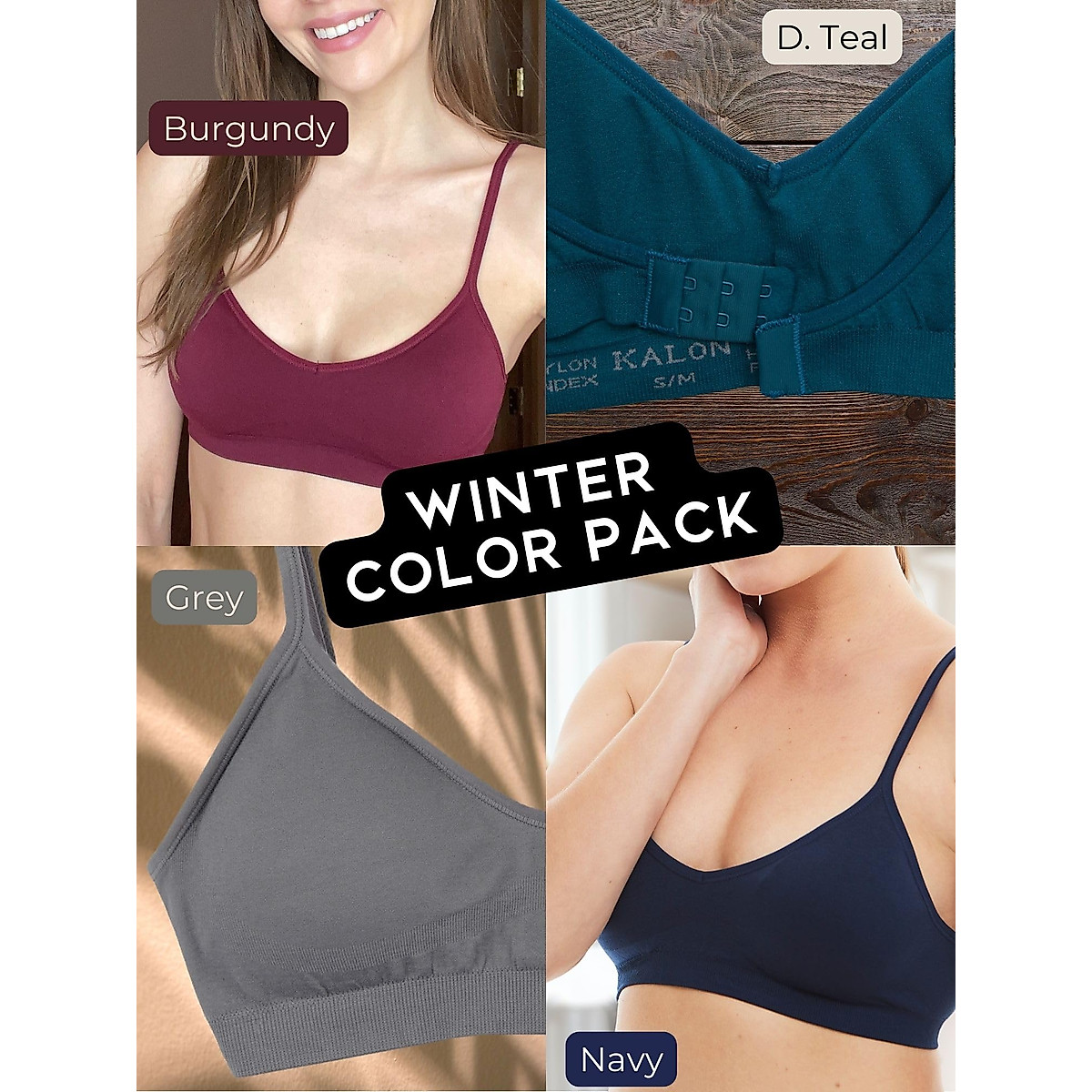 Kalon Women’s 4 Pack Demi Padded Bralette Wireless Comfortable Bra (M/L, Winter)