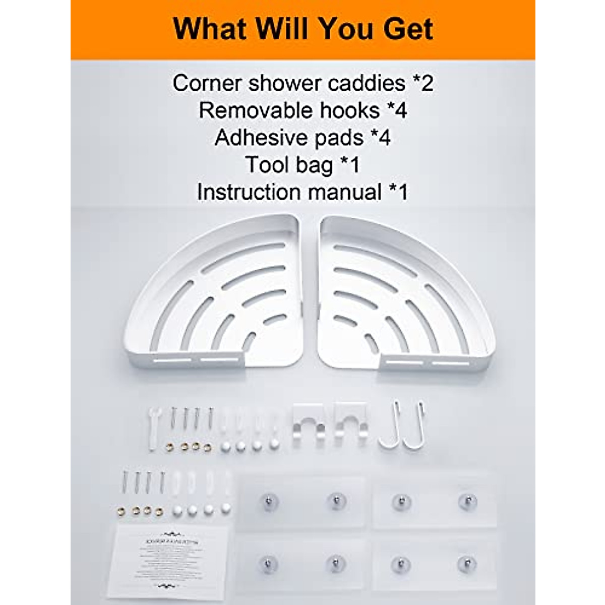 TRUSTLIFE Corner Shower Caddy 2-Pack - Adhesive Corner Shelf with Hooks for Inside Shower, No Drilling & Rustproof Shower Storage Rack for Bathroom, Wall Mount Bathtub Caddy Shelf Organizer - Silver