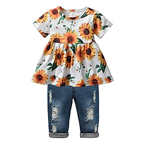 Derouetkia Girls Clothes Outfits Toddler Infant Baby Girl Short Sleeve Floral Ruffle Tops Ripped Jeans Pants Sets (2-3T) Yellow
