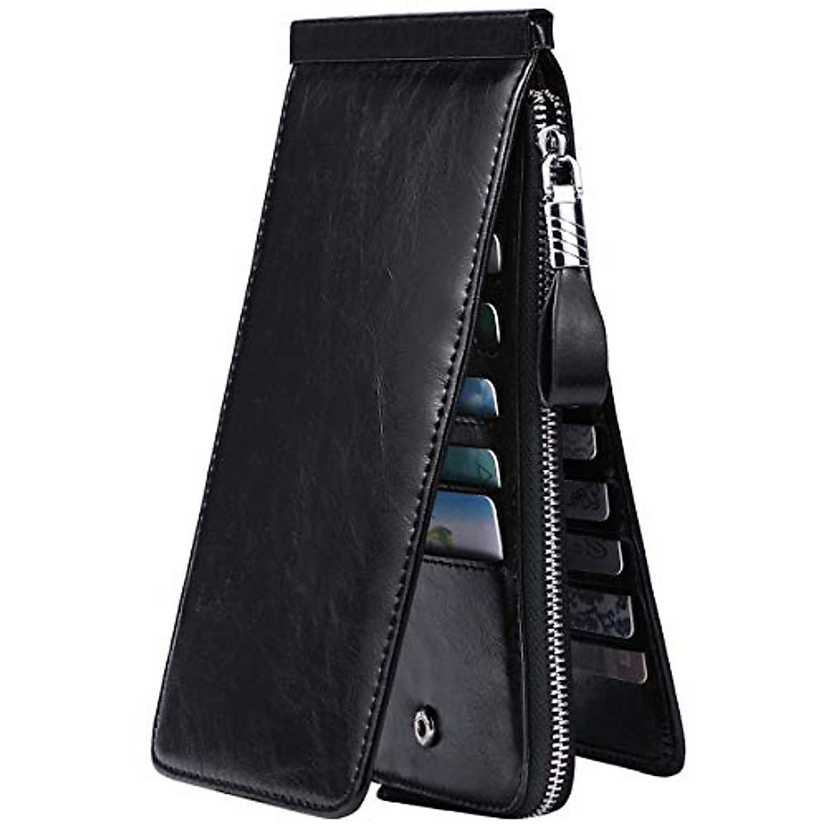 JEEBURYEE Women's Oil Wax Real Leather Multi Credit Card Holder Wallet RFID Blocking Long Bifold Clutch Wallet Ladies Purse with Zipper Pocket Black