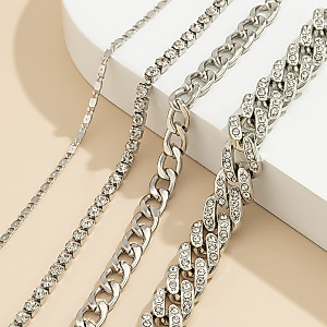 ALEXTINA Gold Chain Bracelet for Women Chunky Stackable Cuban Link Bracelet Set Adjustable Rhinestones Chain Bracelet Gifts for Women, Silver