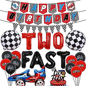 Race Car 2nd Birthday Party Supplies Two Fast Balloons Cake Topper Race Car Happy Birthday Banner for 2 Year Old Boys Racing Theme Birthday Party Decorations