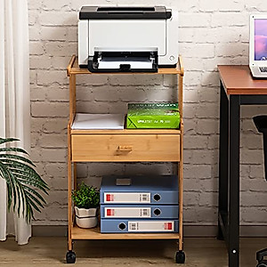 ALIMORDEN 3-Tiers Mobile Printer Stand Holder with Drawer, Rolling Cart with Wheels, Bamboo Rack for Home and Office
