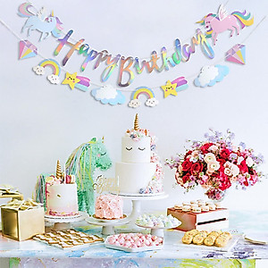 Unicorn Happy Birthday Banner with Sparkle Gold Glitter for Girls and Boys Cartoon Clouds Stars Rainbow Birthday Decorations Baby Shower Banner Unicorn Themed Party Supplies