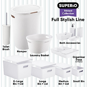 Superio Ribbed Collection - Decorative Plastic Open Home Storage Bins Organizer Baskets, White (Set of 3) 1 Medium, 2 Small - Container Boxes for Organizing Closet Shelves Drawer Shelf