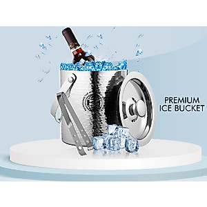 Ice Bucket With Lid, Insulated Hammered Ice Bucket for Cocktail Bar with Ice Tong, Double Walled Stainless Steel, 1.75 L, 1.84 Quarts, Ice Cold For 6 h with Handle (Silver Hammered)