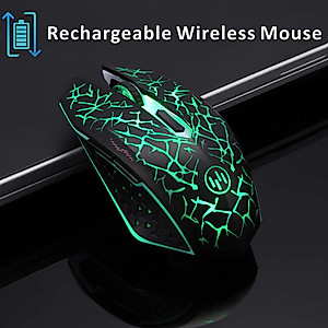 TENMOS K6 Wireless Gaming Mouse, Rechargeable Silent LED Optical Computer Mice with USB Receiver, 3 Adjustable DPI level and 6 Buttons, Auto Sleeping Compatible Laptop/PC/Notebook (green light)