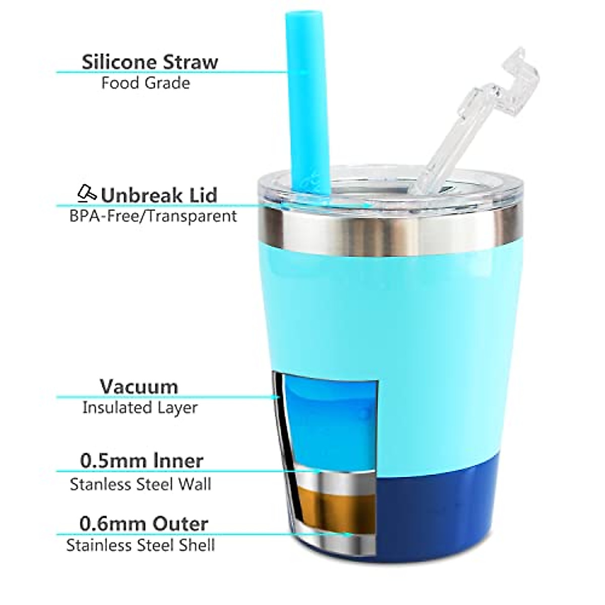 Housavvy Kids Toddler Straw Cups,4 Pack 8 oz,Toddler Smoothie Cups Spill Proof Insulated Kids Stainless Steel Cups Tumbler with Lids Silicone Straws,BPA Free