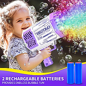 Bazooka Bubble Gun, Bubble Machine with 2 Batteries, LED Lights, 69 Holes Bubble Machine Gun for Kids Ages 3 4 5 6 7 8 Boy Girl Birthday Party Favors Toddler Outdoor Toys - Bubble Blower Purple