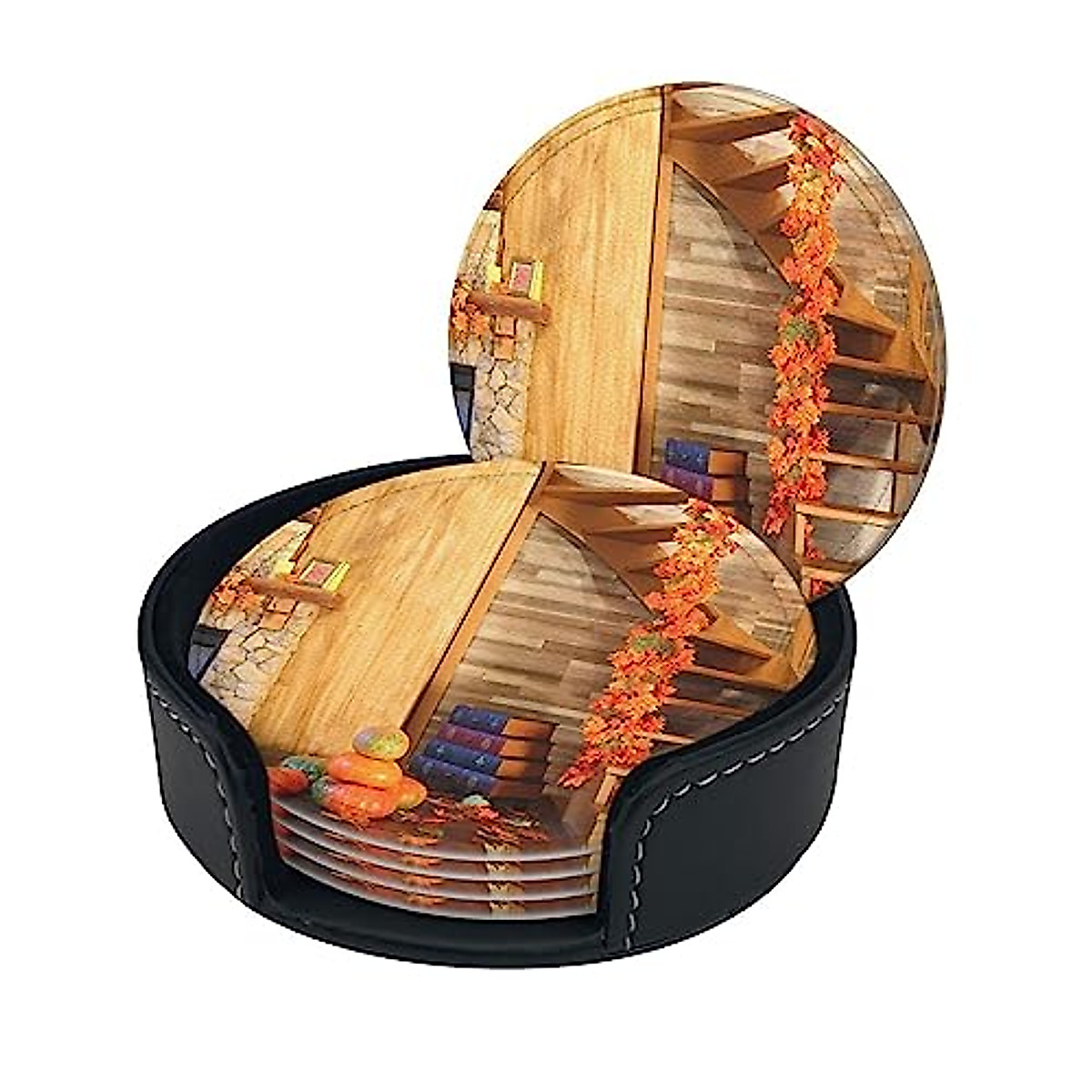 Halloween Pumpkin Sunflower Printed Coasters Set of 6 Pu Leather Round Coasters with Holder Heat Resistant Drink Coasters Coffee Cup Mat for Kitchen Office Bar