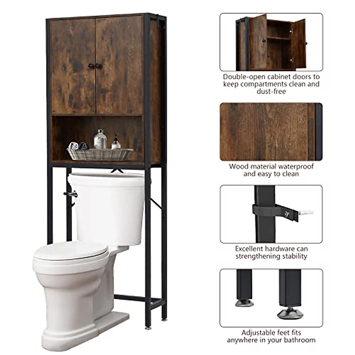 Elesuli Over The Toilet Storage Cabinet Space-Saving Bathroom Oragnizer Shelf Toilet Storage Rack Double Door Bathroom Storage Organizer Toilet Rack with Adjustable Feet