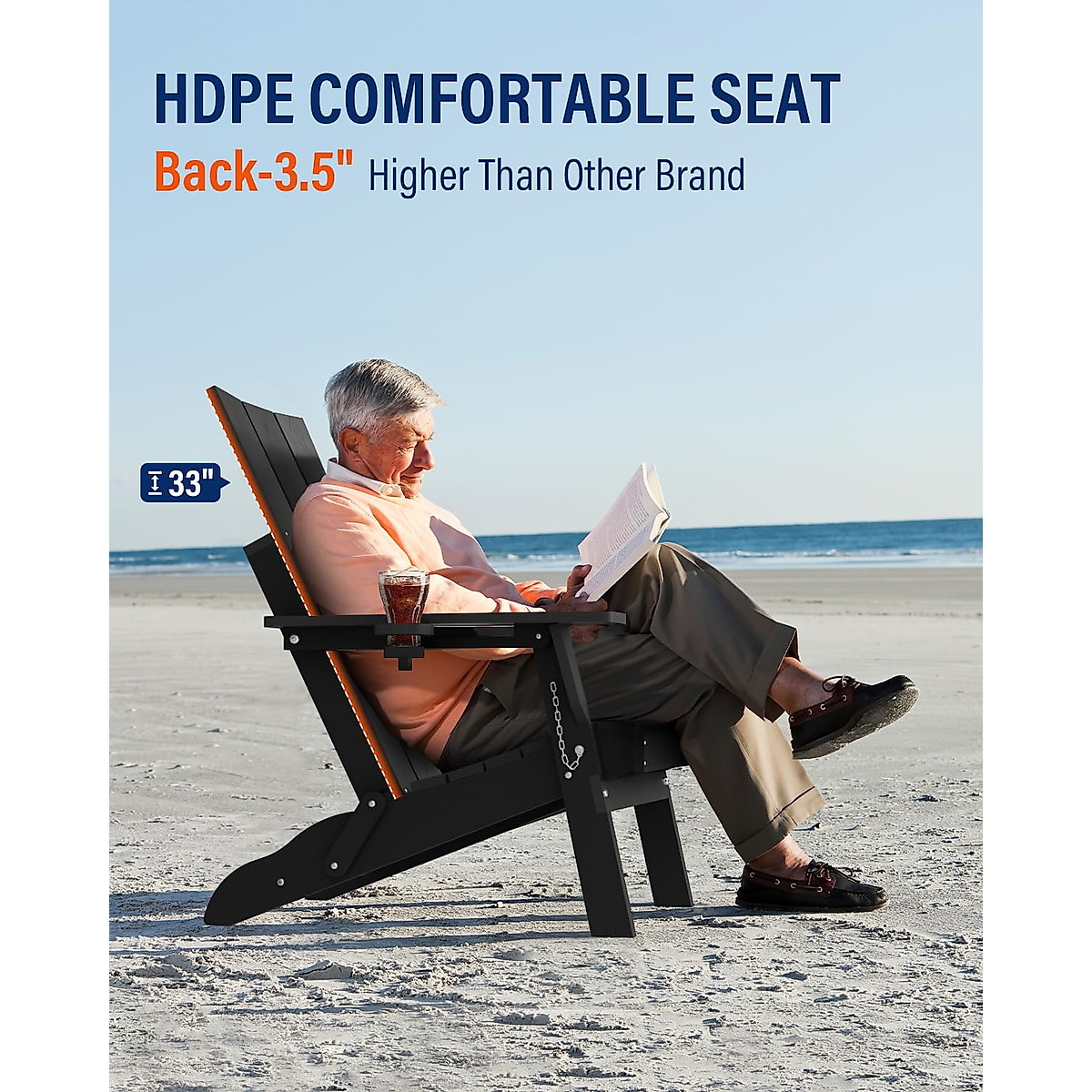 POWERWOOD Modern Adirondack Chairs Set of 4, Oversized HDPE Folding Adirondack Chairs with Cup Holder, Plastic Outdoor Chair, Fire Pit Chairs (Black)