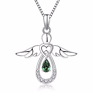 FJ Guardian Angel Necklace 925 Sterling Silver Angel Pendant Emerald Necklace May Birthstone Jewelry Gifts for Women