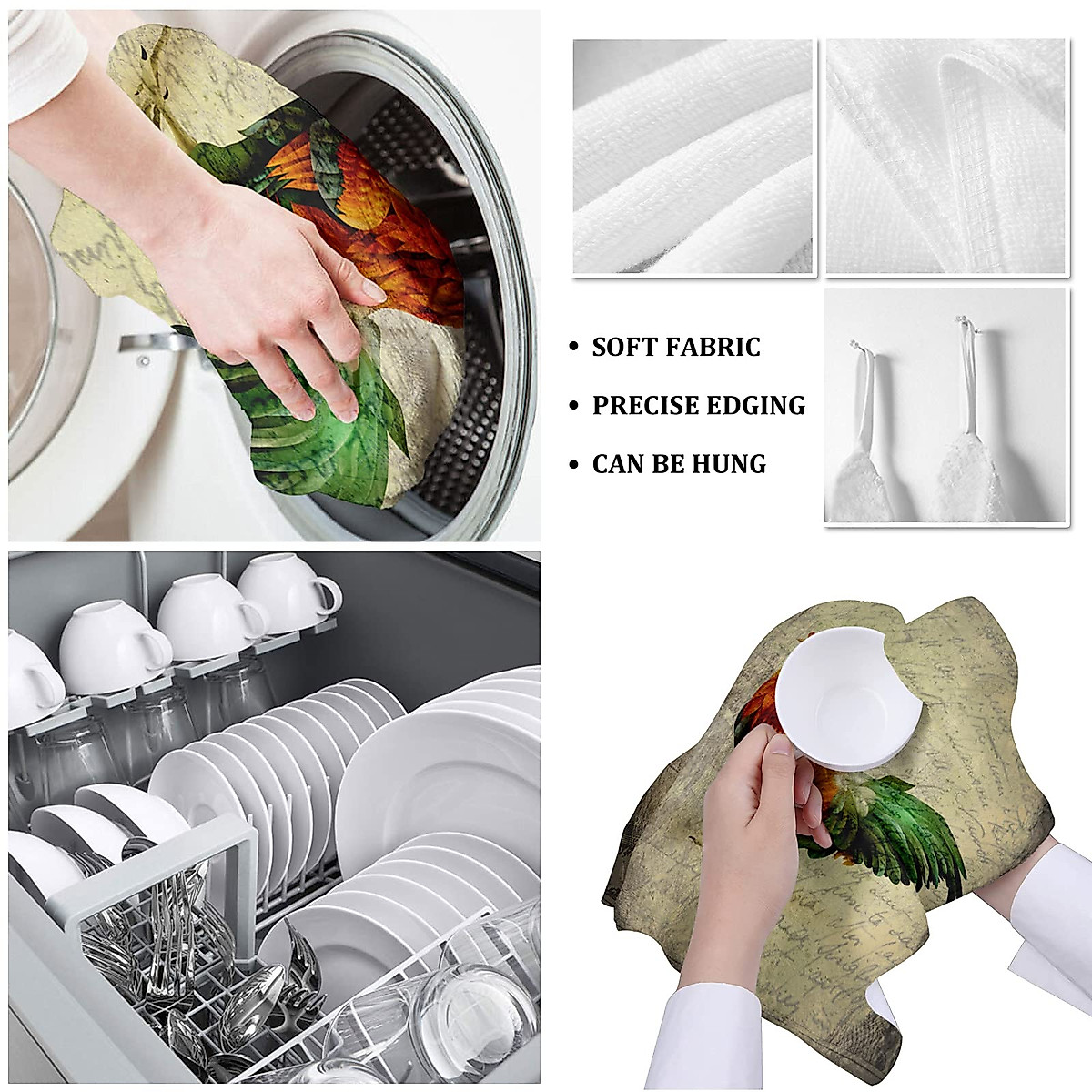 BEKYONEE Kitchen Towels 2 Pack Absorbent Dish Cloth Vintage Farm Animal Rooster Dish Towel for Home Drying Dishes Soft Hand Towels Cleaning Cloths Old Letter Back