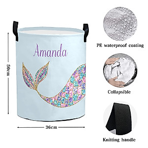 Mermaid Blue Large Laundry Basket Custom Name Foldable Clothes Bag Collapsible Fabric Laundry Hamper Folding Washing Bin for Gift
