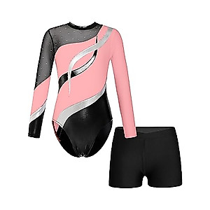 Jizyo Kids Girls Rhinestone Ballet Dance Outfits Long Sleeve Gymnastic Leotard with Booty Shorts Set Gym Biketard Tracksuit Pink A 8 Years