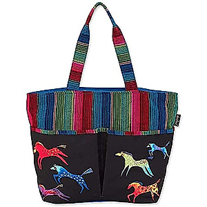 Laurel Burch Canvas Dancing Horses Shoulder Tote Zipper Top 21" x 15" x 6"