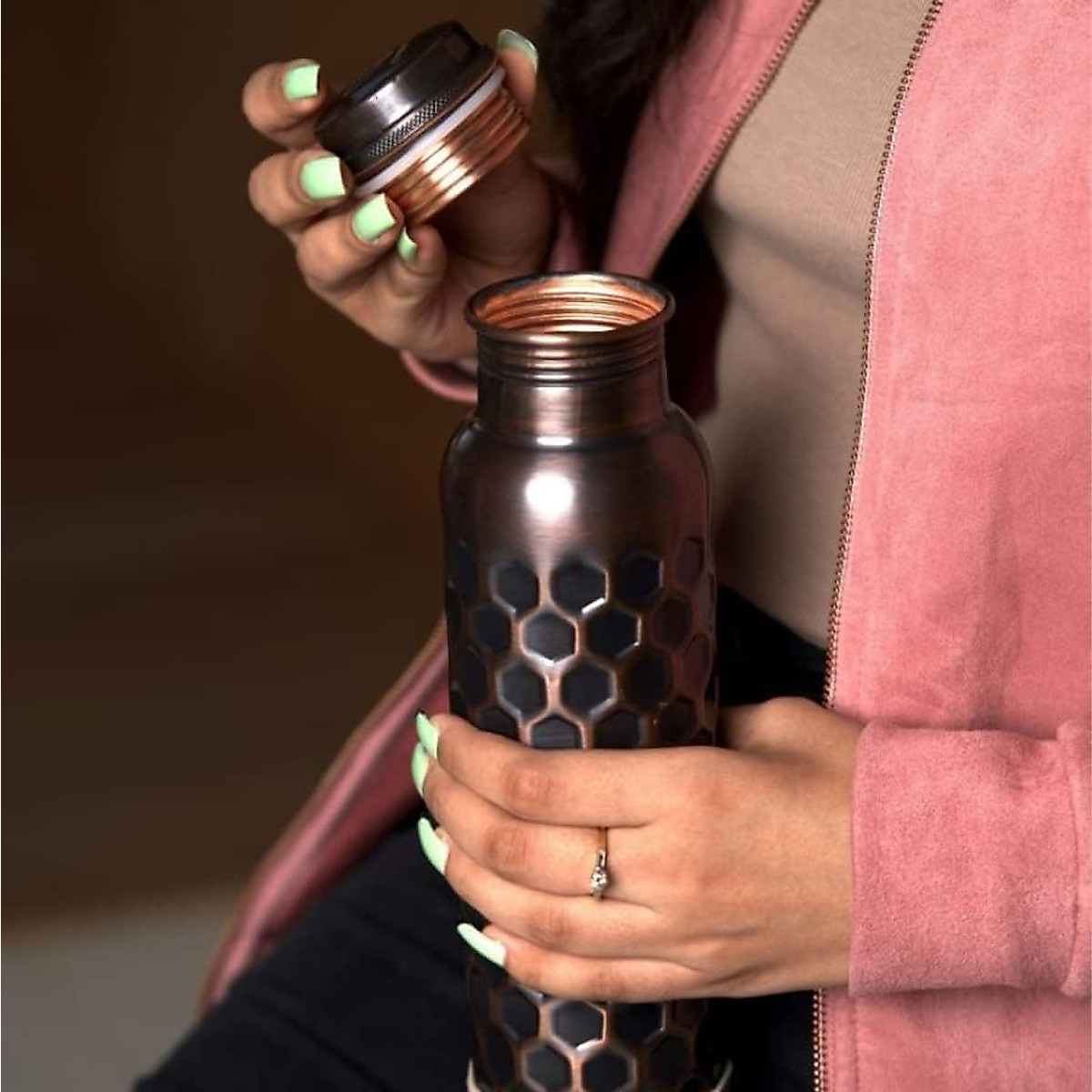 Craft Trade Copper Ayurveda Copper Water Bottle for Drinking 32oz Antique Black Diamond Pure Copper Water Bottle Travel Water Bottle for Gym, Office, Hiking, Outdoor – Ayurvedic Hammered Water Vessel