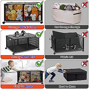 Haturi Large Metal Toy Box Storage, 2 Pack Large Toy Storage and Organizer with Metal Lid, Collapsible Sturdy Toy Organizer with Wheels, Storage Boxes Bins Baskets for Playroom, Living Room, Bedroom