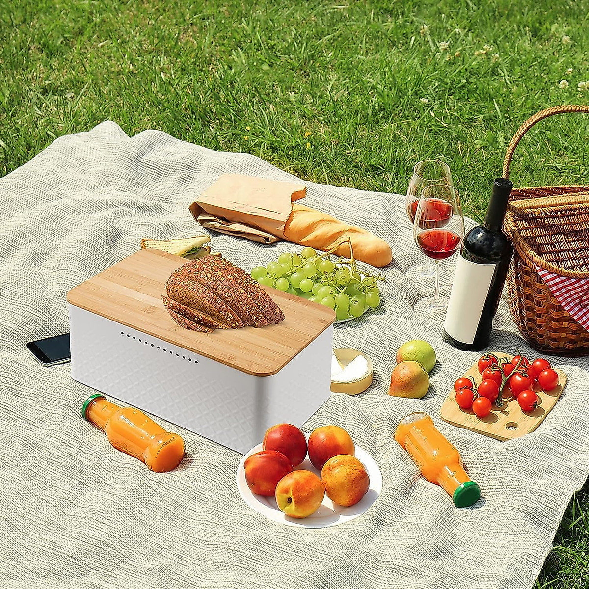 Widousy Bread Bin with Bamboo Lid, White Bread storage box – Bread Holder Bin for Kitchen Countertop Storage Organizer (White)