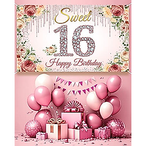 HTDZZI Sweet 16 Birthday Decorations, Rose Gold Happy 16th Birthday Backdrop Banner for Girls, Pink Floral Sweet Sixteen Party Decor, Sweet 16 Yard Sign Photo Booth Props, Fabric, 6.1ft x 3.6ft