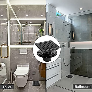 Wuhe 6-Inch Square Shower Drain with Flange,SUS304 Stainless Steel Shower Floor Drain with Removable Strainers and Cover Grid Grate,ABS Shower Drain Base and Rubber Threaded Adapter,Matte Black