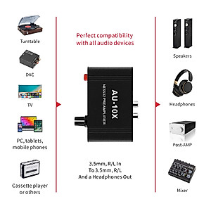 AtNeDcVh Mini Small Stereo Audio preamplifier, Headphone Amplifier, Gain 20dB Phono Turntable Phonograph preamp, Dual op amp NE5532 with RCA 3.5mm Input to RCA 3.5mm Output