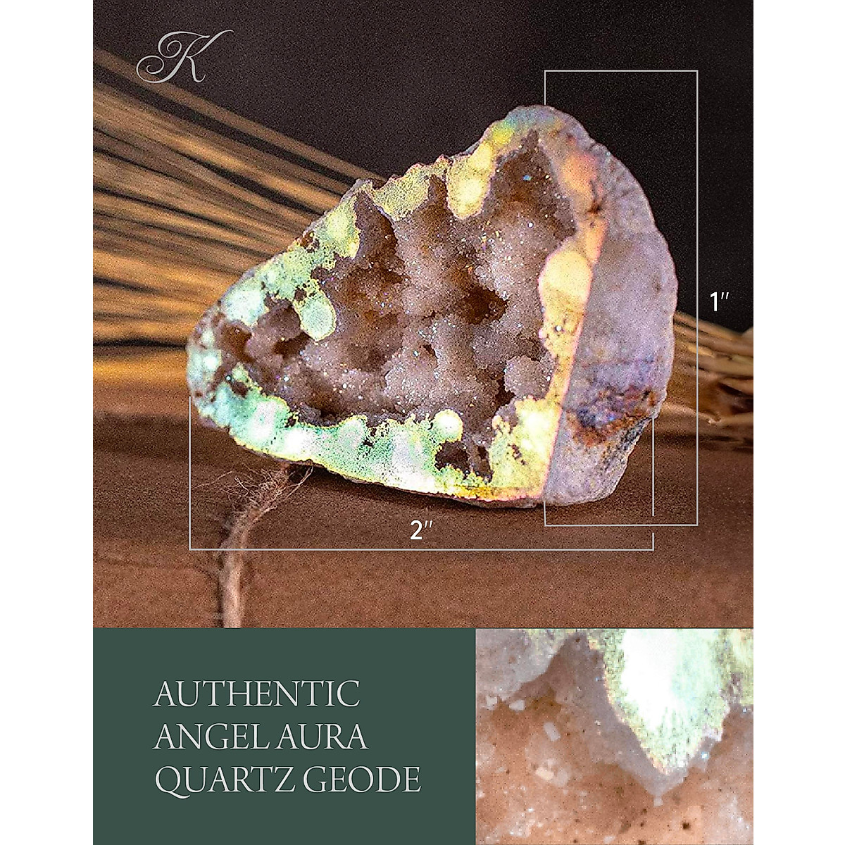 KALIFANO Angel Aura Quartz Geode - Titanium Bonded High Energy Crystal Cuarzo Cluster/Druzy with Information Card - Natural Reiki Rock Used for Clarity and Purpose (Family Owned and Operated)