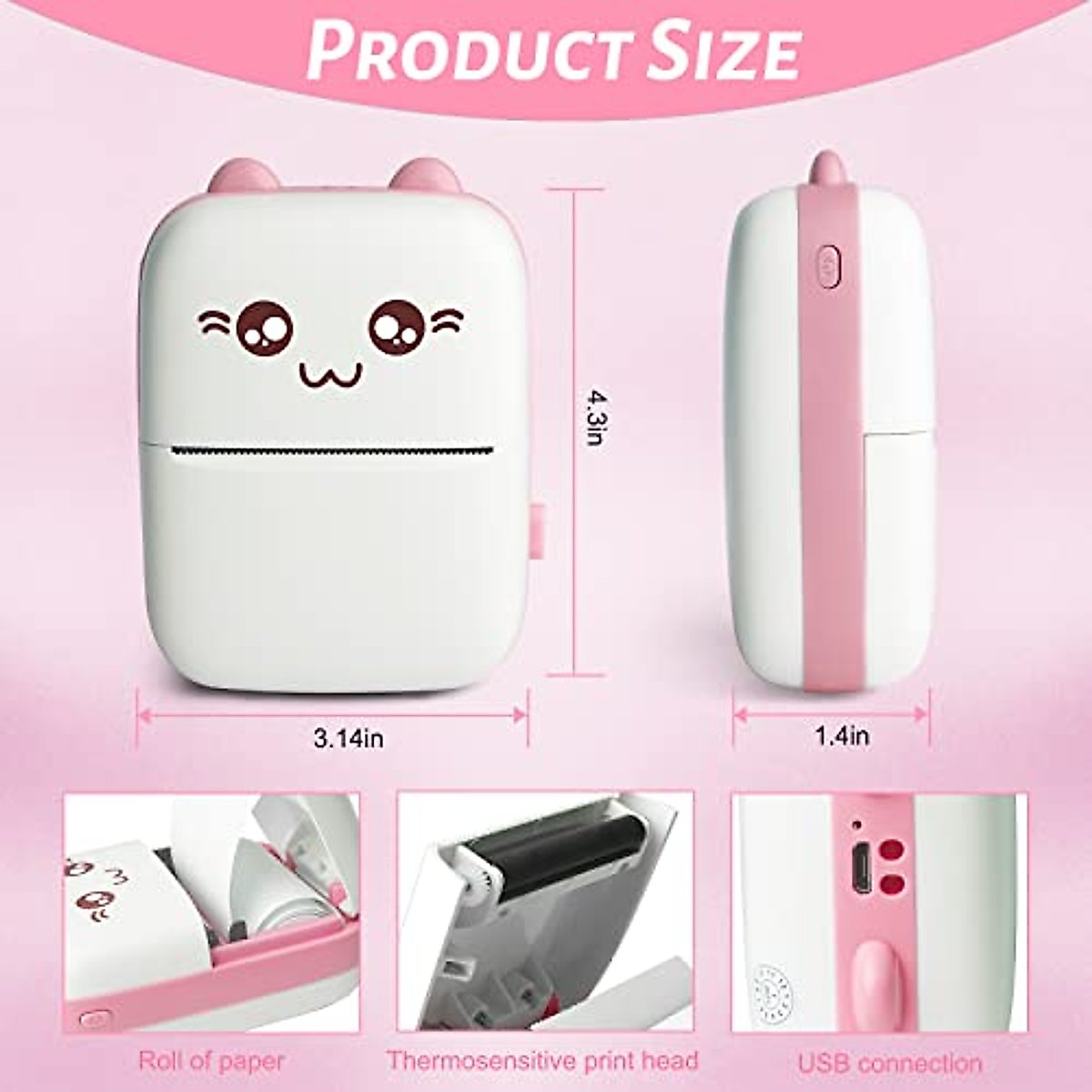 Mini Pocket Printer, Gifts for kids, Portable Thermal Printer for Pictures/Retro-Style Photos/Receipts/Notes/Lists/Label/ Memo/QR Codes, Bluetooth Wireless Smart Printer with Android or iOS APP (PINK)